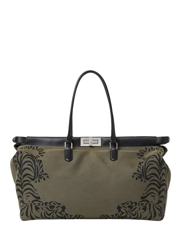Fendi Peekaboo Tote Large Khaki Green Canvas Bag With Tiger Print - [green]